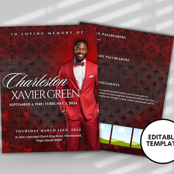 Funeral Programs Editable Template 2 Page 8.5x11 Mens Red & - Etsy