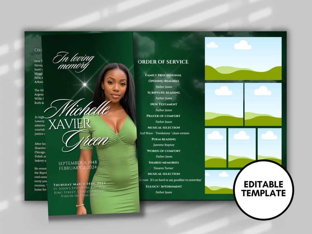 Green Floral Funeral Program Template: Trifold Memorial Brochure (17x11 ...