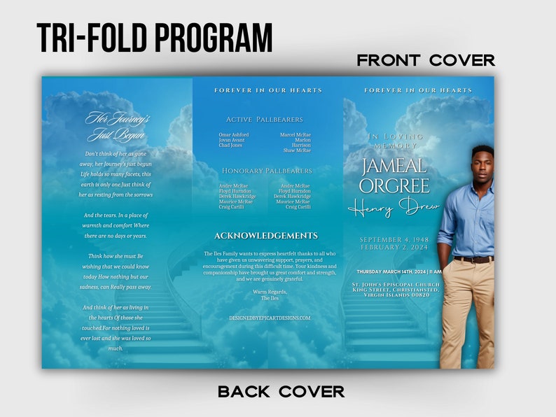 Turquoise Funeral Program Template: Earthy Mens Trifold (11x17 ...