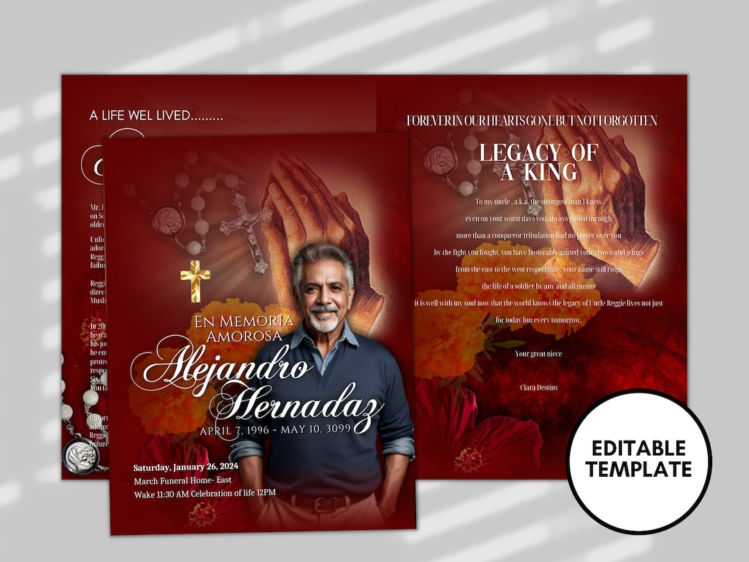 Catholic Funeral Program Template: Praying Hands Obituary (canva, 8.5 ...