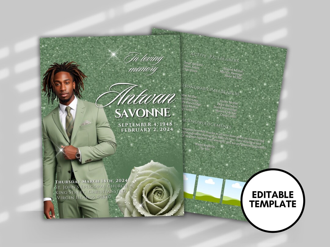 Sage Green Funeral Program Template: Men's Memorial Brochure (8.5x11 ...