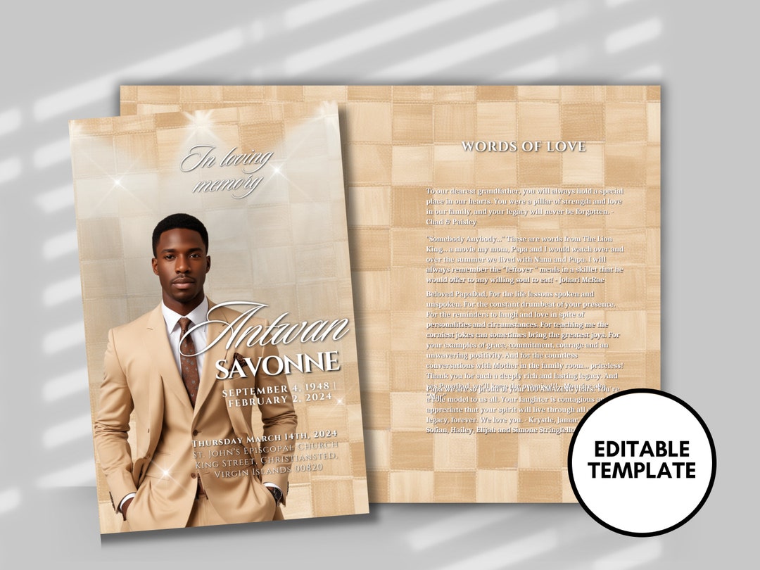 Men's Funeral Program Template: Beige Obituary Booklet (8 Page Editable ...