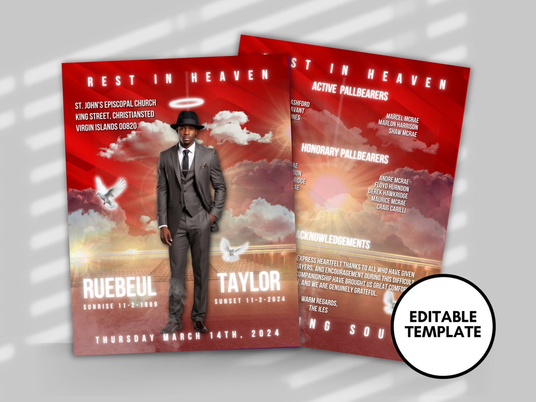 Funeral Programs Editable Template 2 Page 8.5x11 Mens Burgundy Staged ...