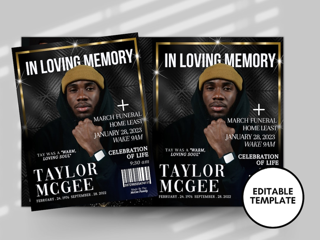 Black & Gold Funeral Program Template: Magazine Style Obituary (canva ...