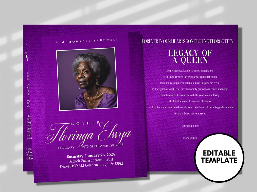 Purple Obituary Template: Women's Celebration of Life (canva Template ...