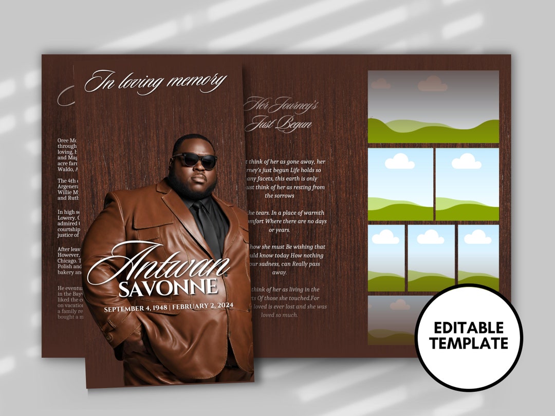 Mens Brown Funeral Program Template: Trifold Memorial Brochure (17x11 ...