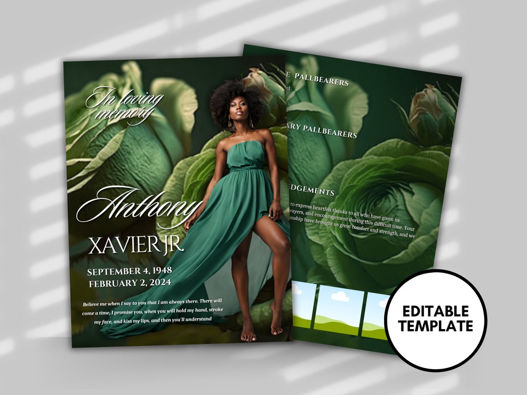 Green Sparkle Funeral Program Template: Editable Memorial Booklet (8 ...