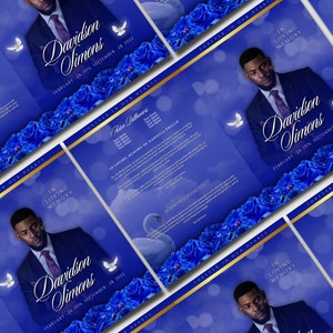 BLUE ,GOLD ROSE Memorial Program (8 Pages) | Cloud Funeral Program ...