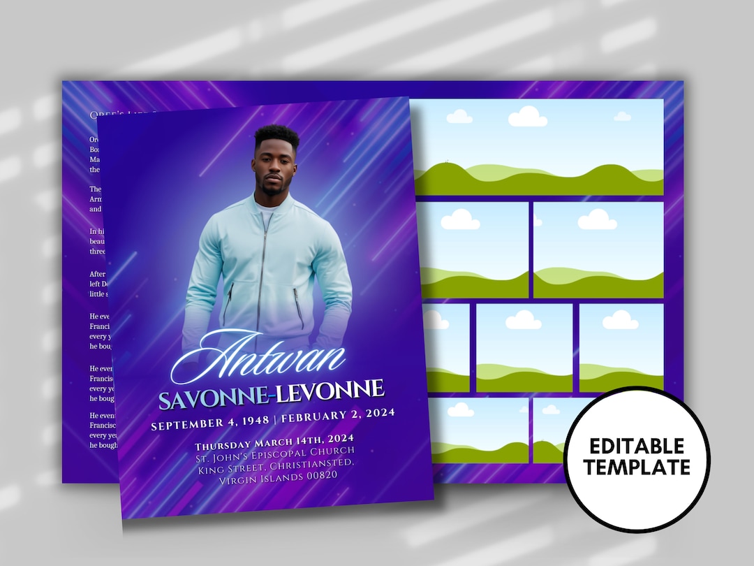 Funeral Programs 8.5X11 Editable Template 8 Page Men Neon Turquoise ...