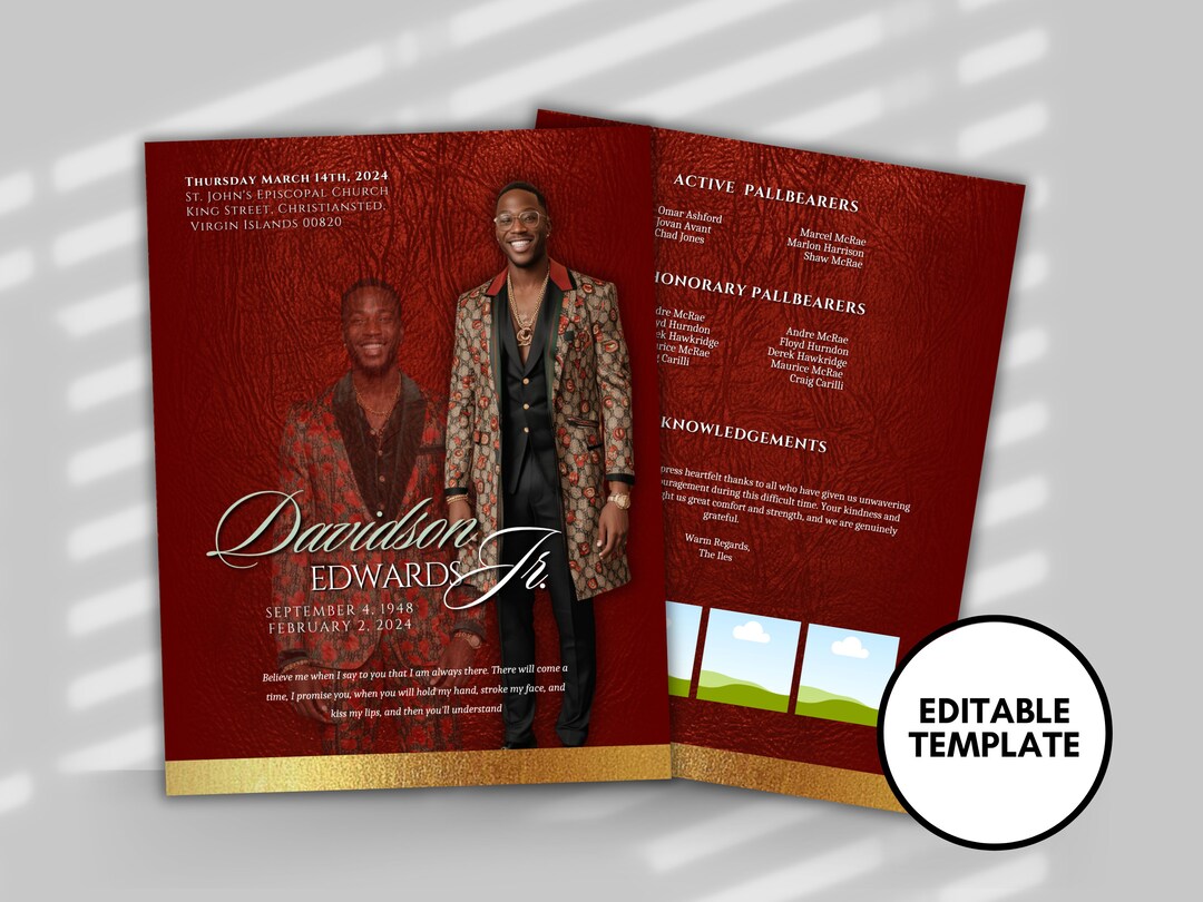Red Vintage Funeral Program Template: 2-page DIY Booklet (8.5x11 ...