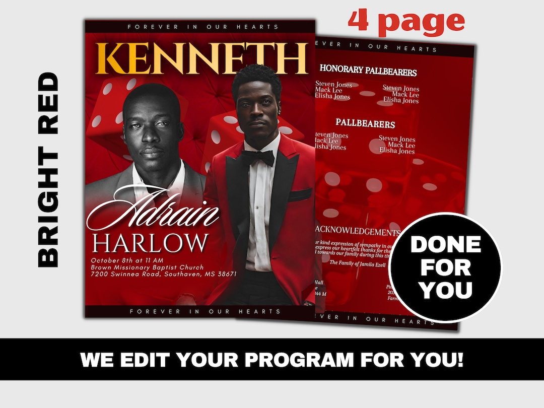 Red and Gold Magazine Style Memorial Program Red Men's Style Funeral ...