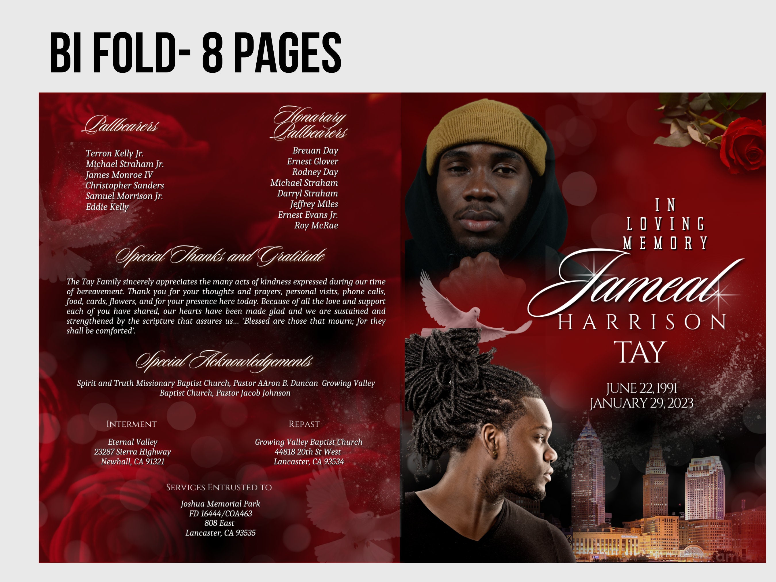 Red Roses Funeral Program Template: Celebration of Life (digital ...