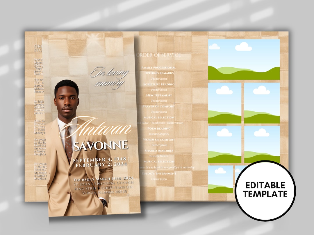 Men's Funeral Program Template: Beige Trifold Brochure (17"x11 ...