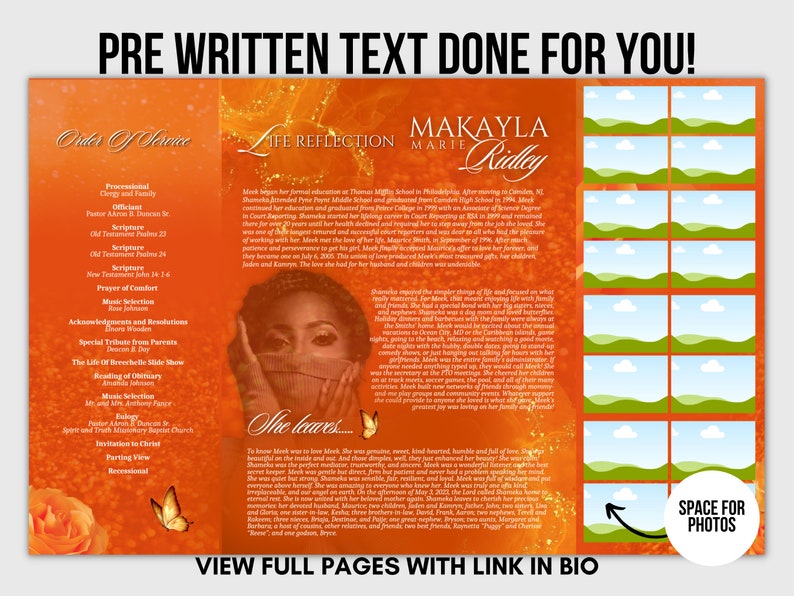 Orange Funeral Program Template: Celebration of Life Keepsake (digital ...