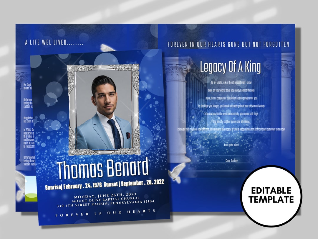 8.5"x 11" Blue Men's Obituary Template (8 Pages) Men's Blue Cloud Style ...