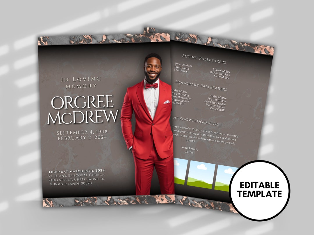 Funeral Programs Editable Template 2 Page 8.5x11 Mens Tan Marble ...
