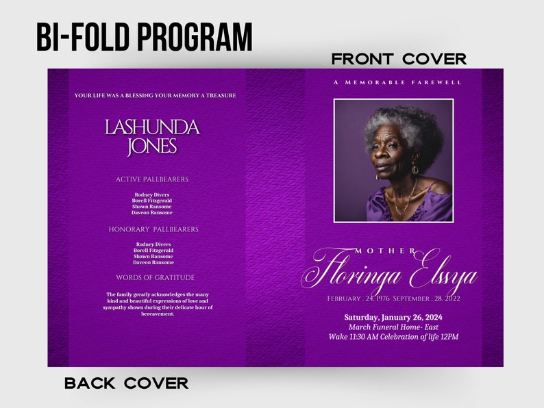 Purple Obituary Template: Women's Celebration of Life (canva Template ...