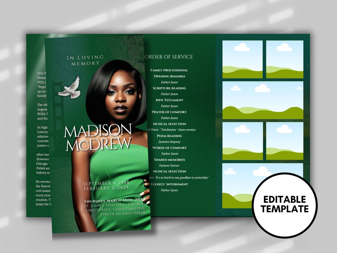 Green Funeral Program Template: Trifold Memorial Booklet (17x11 ...