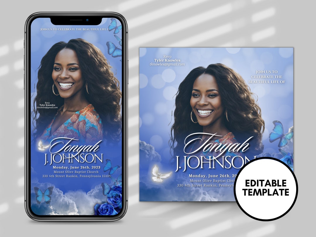Blue Butterfly Memorial Flyer Template: DIY Funeral Announcement - Etsy