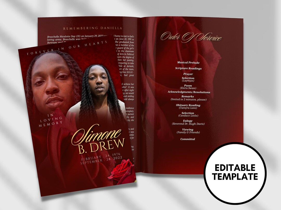 Red Funeral Program Template: Celebration of Life Keepsake (digital ...