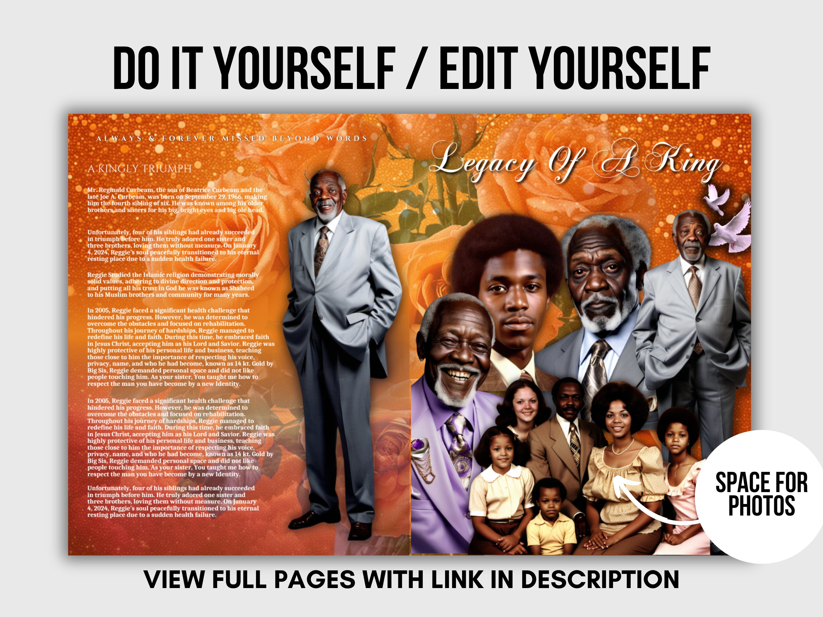 Men's Orange Funeral Program Template: 8-page DIY Booklet (8.5x11 ...