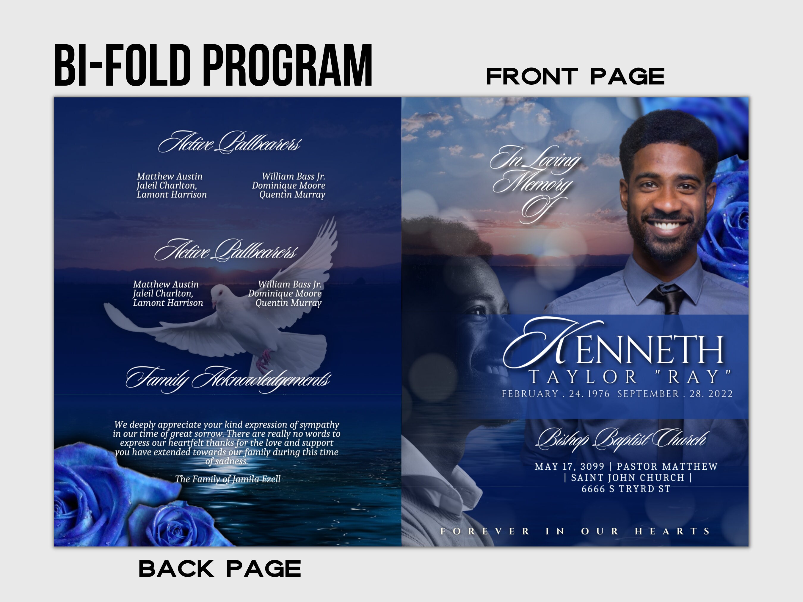 Blue Cloud Funeral Program Template: 8-page Memorial Booklet (digital ...