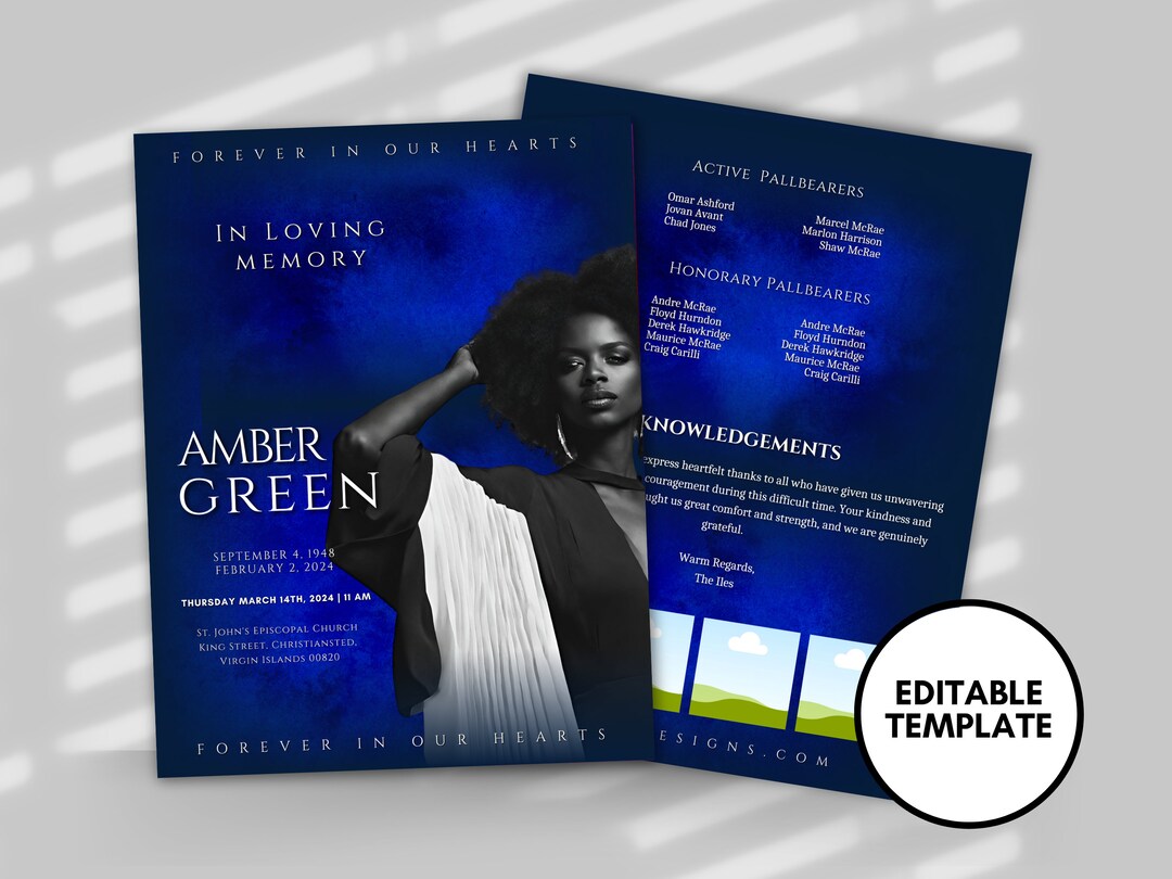 Dark Blue Funeral Program Template: in Loving Memory (8.5x11, Editable ...