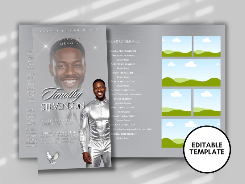 Men's Silver Funeral Program Template: Trifold Brochure (11x17 ...