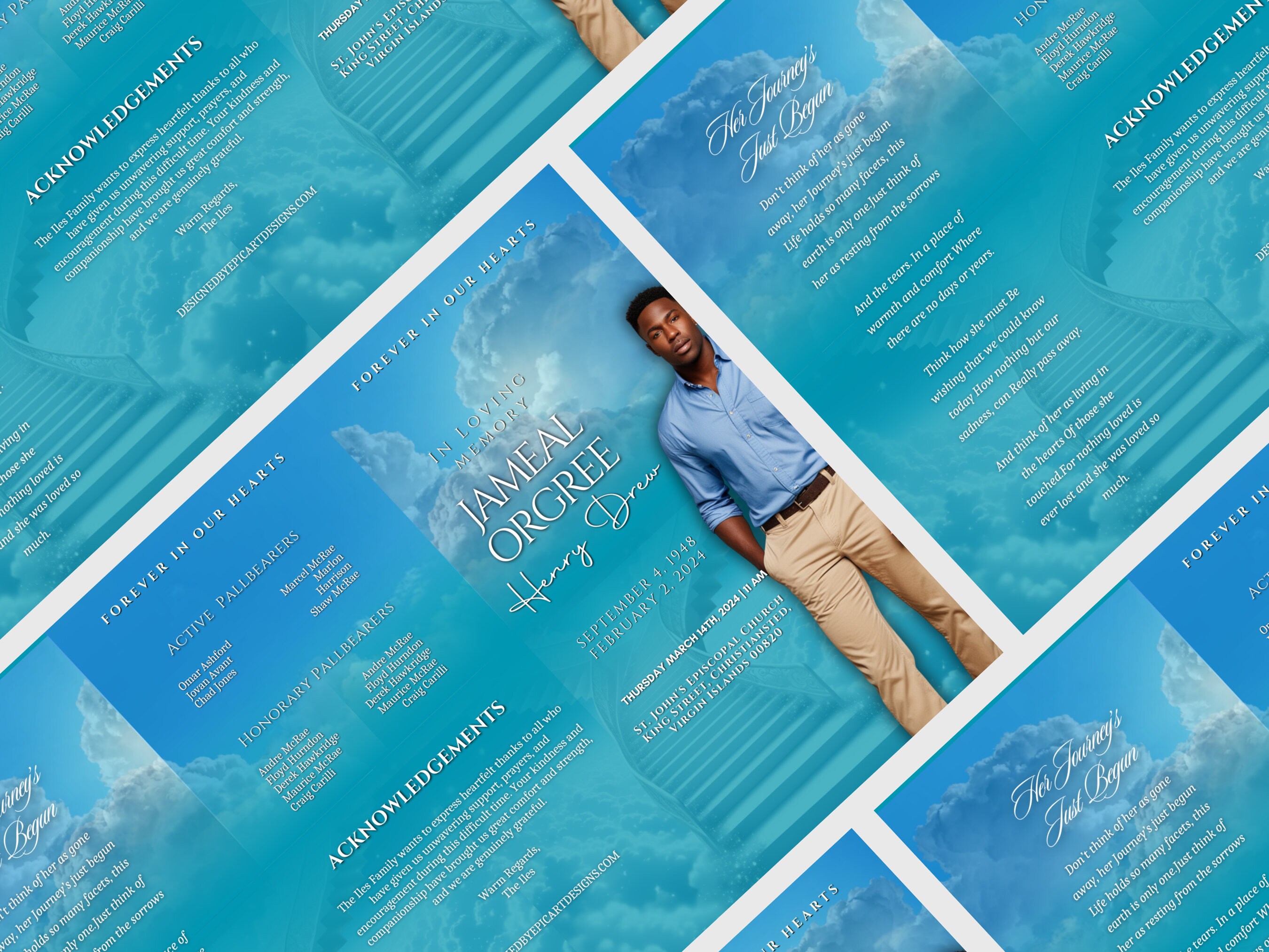 Turquoise Funeral Program Template: Earthy Mens Trifold (11x17 ...