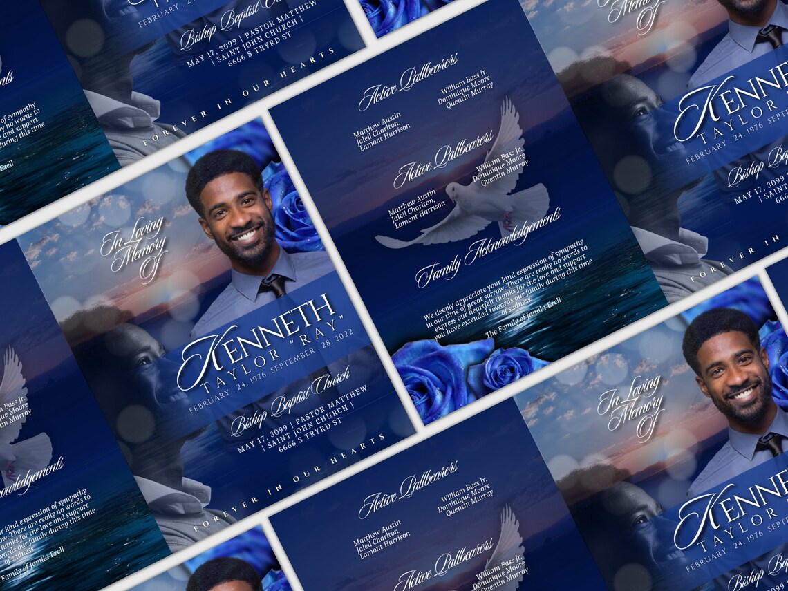 Blue Cloud Funeral Program Template: 8-page Memorial Booklet (digital ...