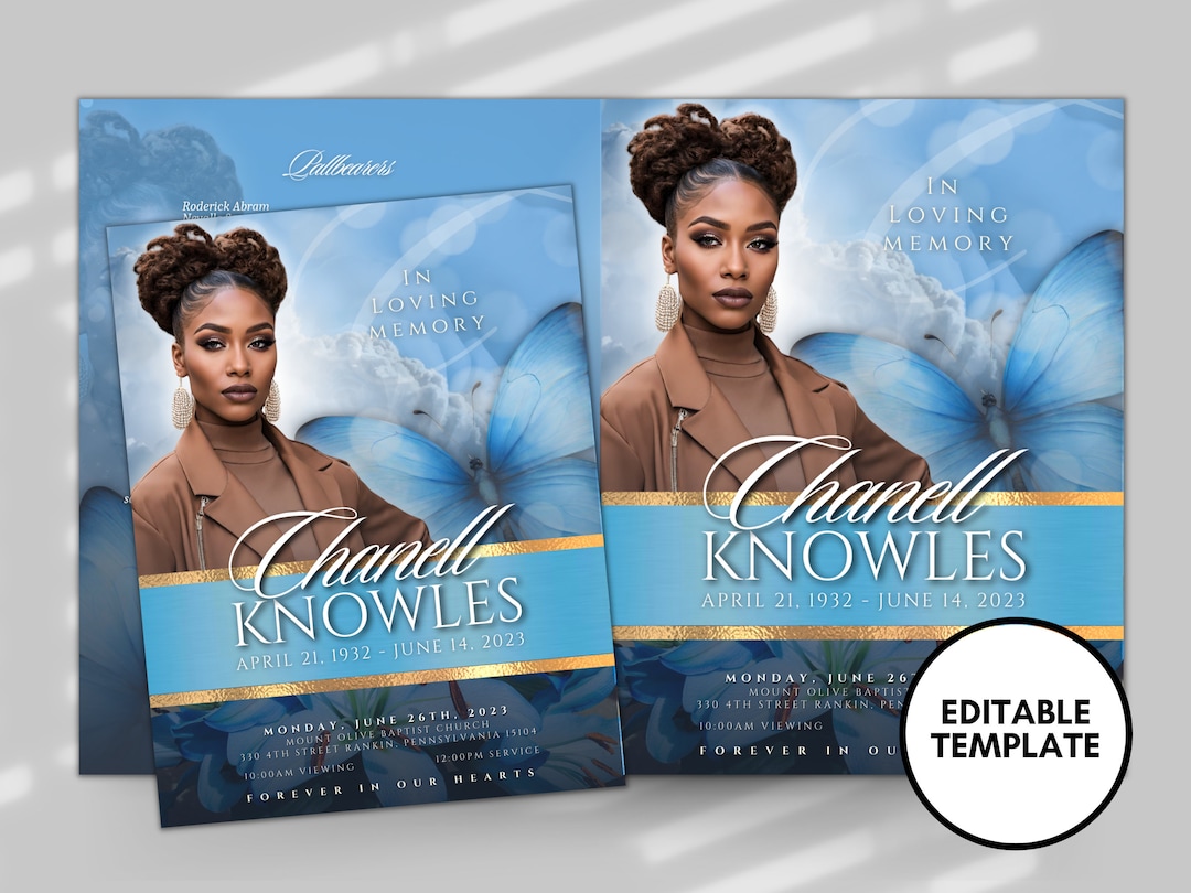 Blue Butterfly Memorial Program Template: 8-page Celebration of Life ...