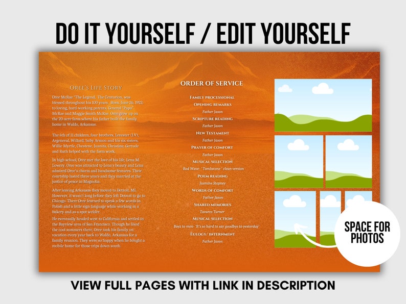 Orange Funeral Program Template: Men's Trifold Booklet (17x11 Editable ...