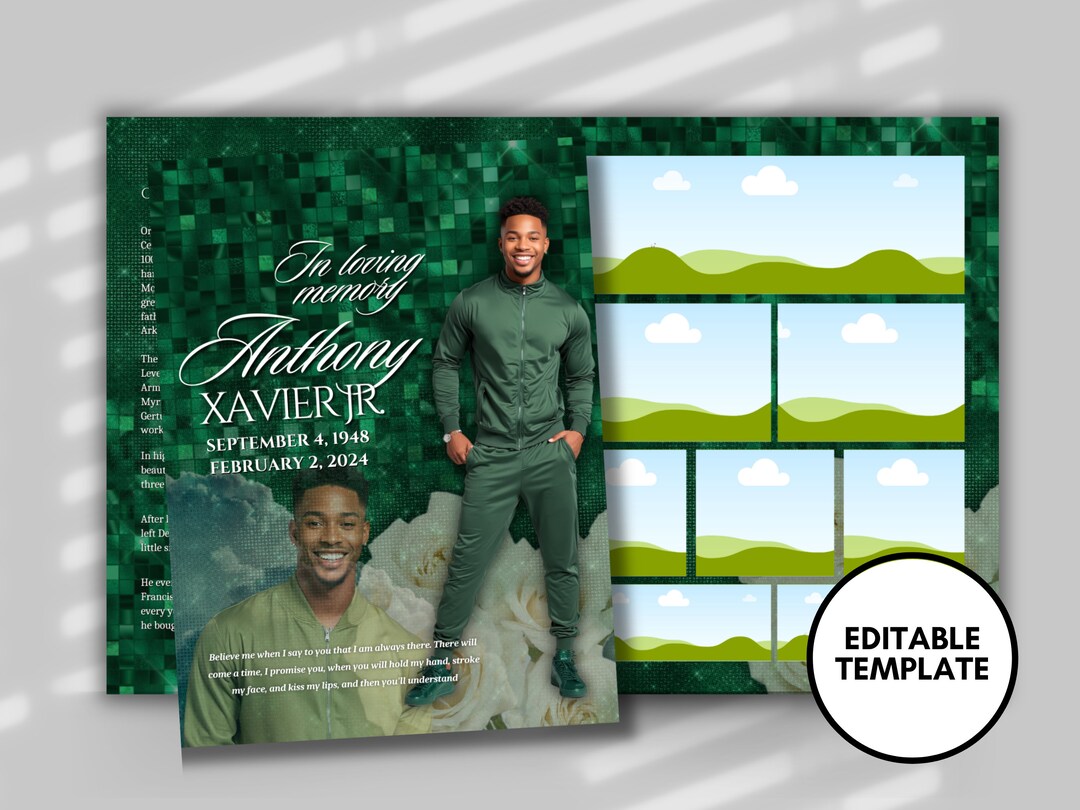 Green Shine Funeral Program Template: 8-page Memorial Booklet (8.5x11 ...