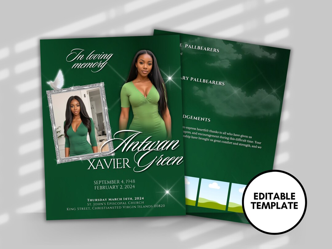 Green Funeral Program Template: in Loving Memory, 2-page (8.5x11) (DIY ...