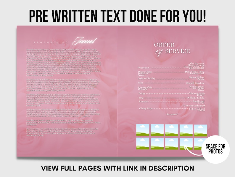Pink Rose Funeral Program Template: Celebration of Life (canva, 8.5"x11 ...