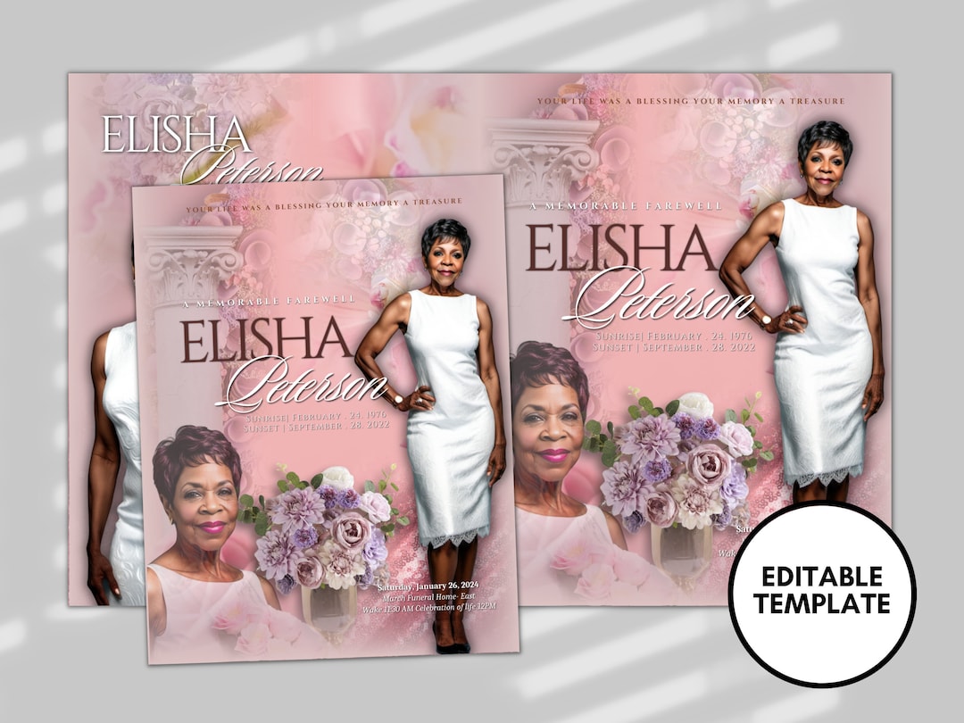 Pink Rose Funeral Program Template: Celebration of Life (canva, 8.5"x11 ...