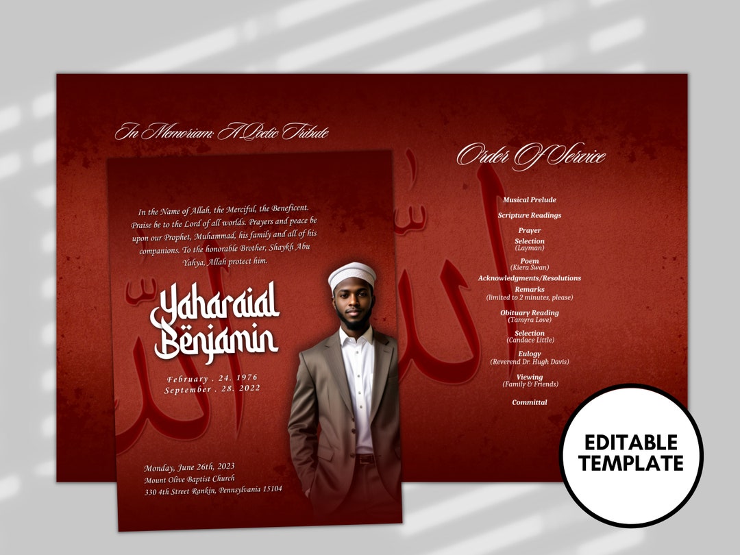 8.5"x 11" Red Islamic Obituary Template (8 Pages) Islamic Style Funeral ...