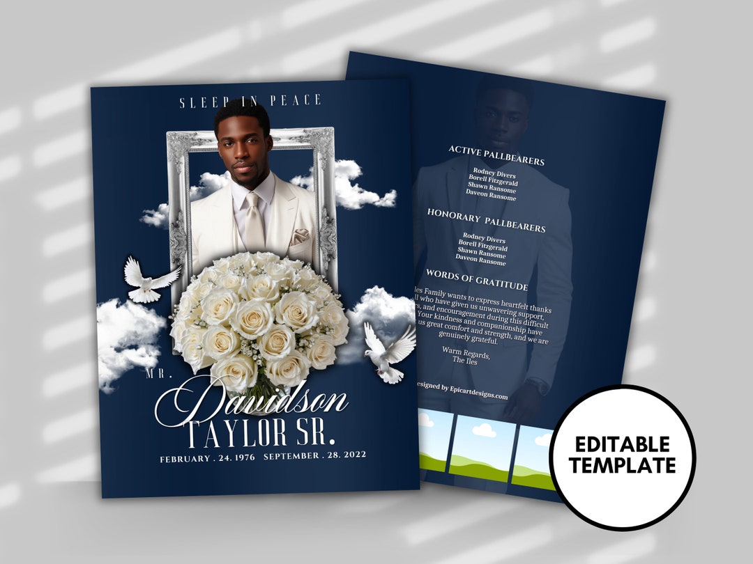 Metallic Blue Funeral Program Template: 2-page Memorial Booklet (DIY ...