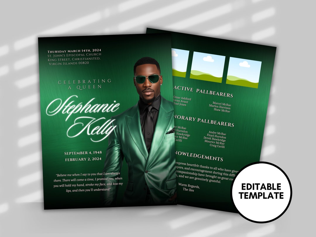 Men's Green Funeral Program Template: 2-page DIY Booklet (8.5x11) - Etsy