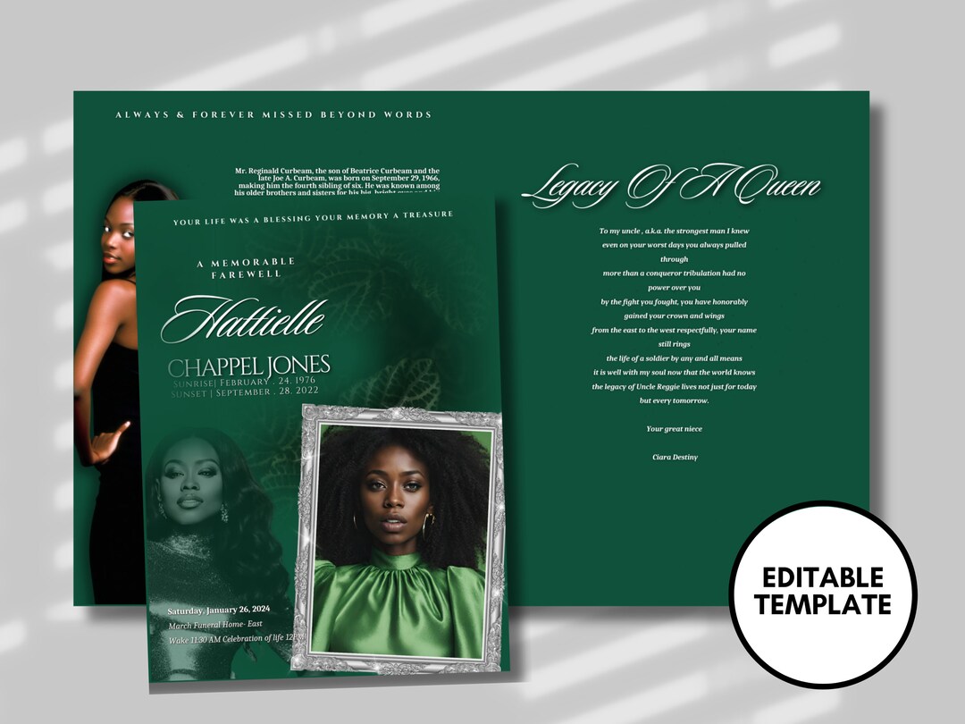8.5"x 11"women's Green Obituary Template(8 Pages)green Women's Style ...