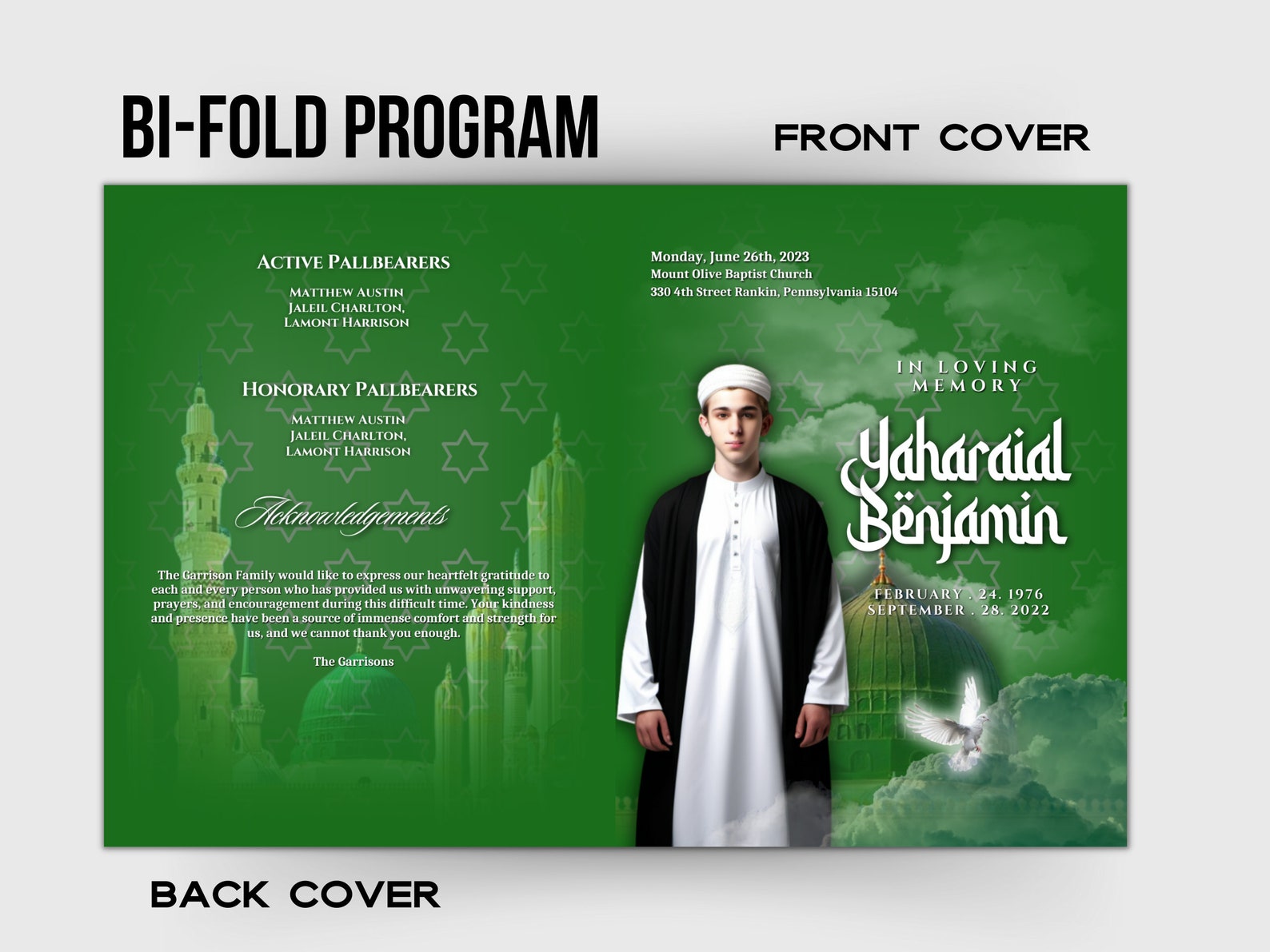 Islamic Funeral Program Template: Green Obituary, Celebration of Life ...