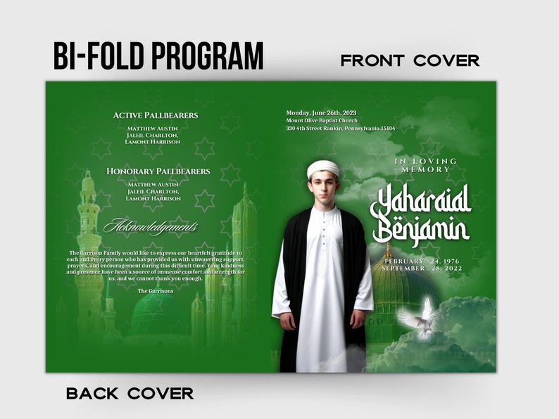 Islamic Funeral Program Template: Green Obituary, Celebration of Life ...