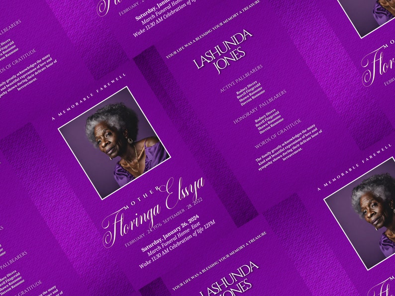 Purple Obituary Template: Women's Celebration of Life (canva Template ...
