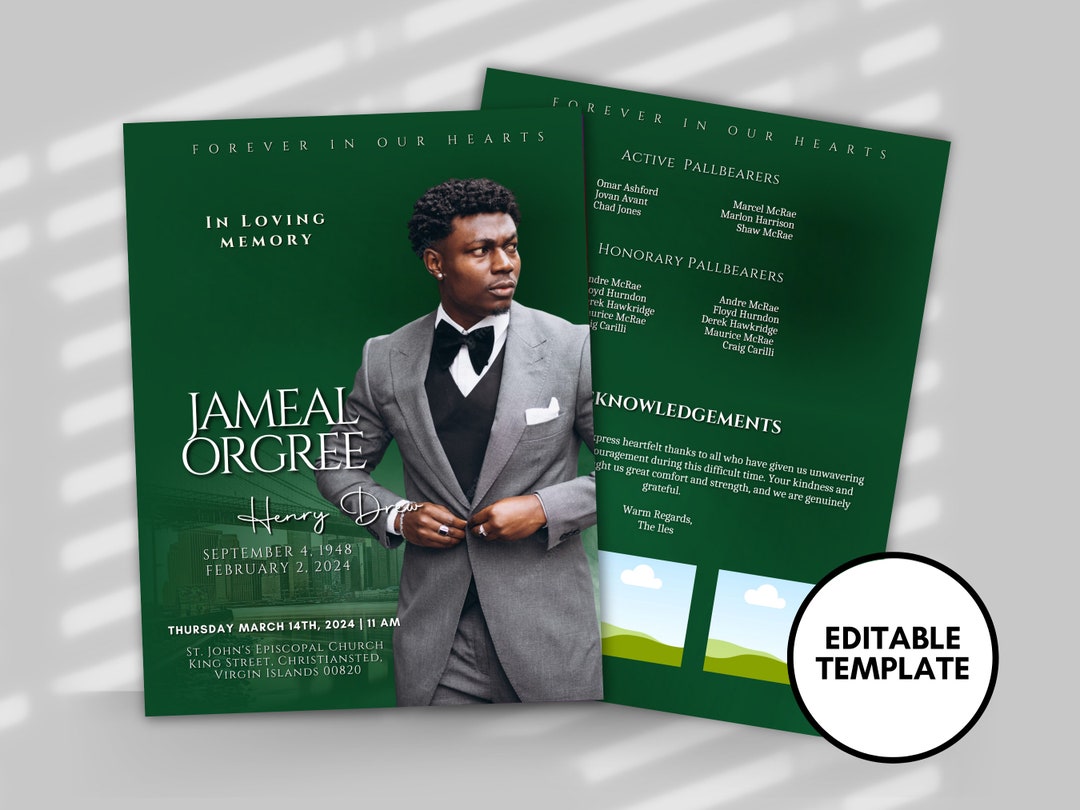 Green Funeral Program Template: Mens in Loving Memory (8.5x11, Editable ...