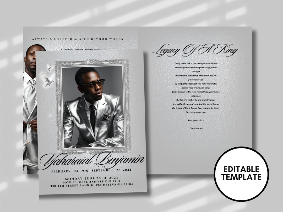 Silver Style Funeral Program Template: Men's Obituary (canva, 8.5"x11 ...