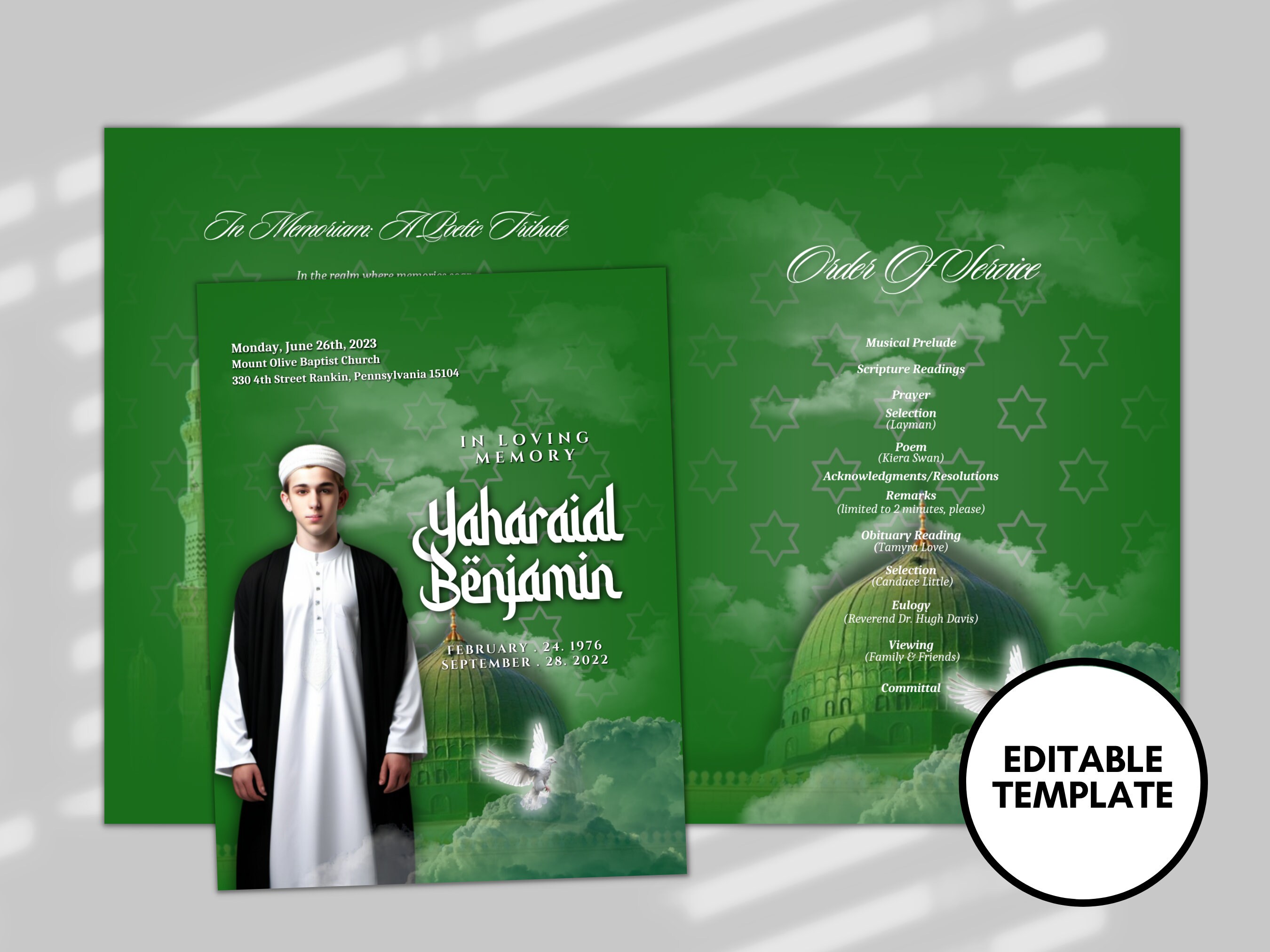 Islamic Funeral Program Template: Green Obituary, Celebration of Life ...