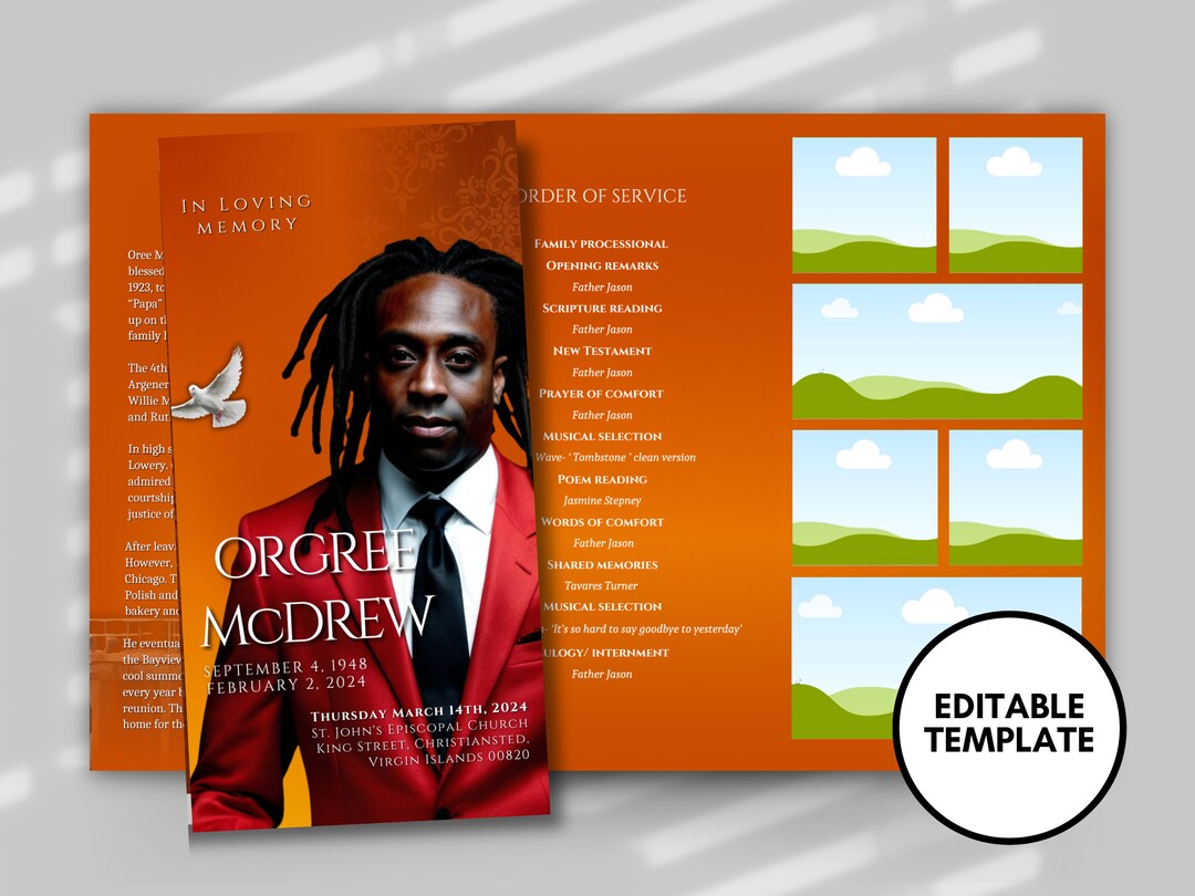 Mens Red Orange Funeral Program Template: Trifold Memorial Booklet ...
