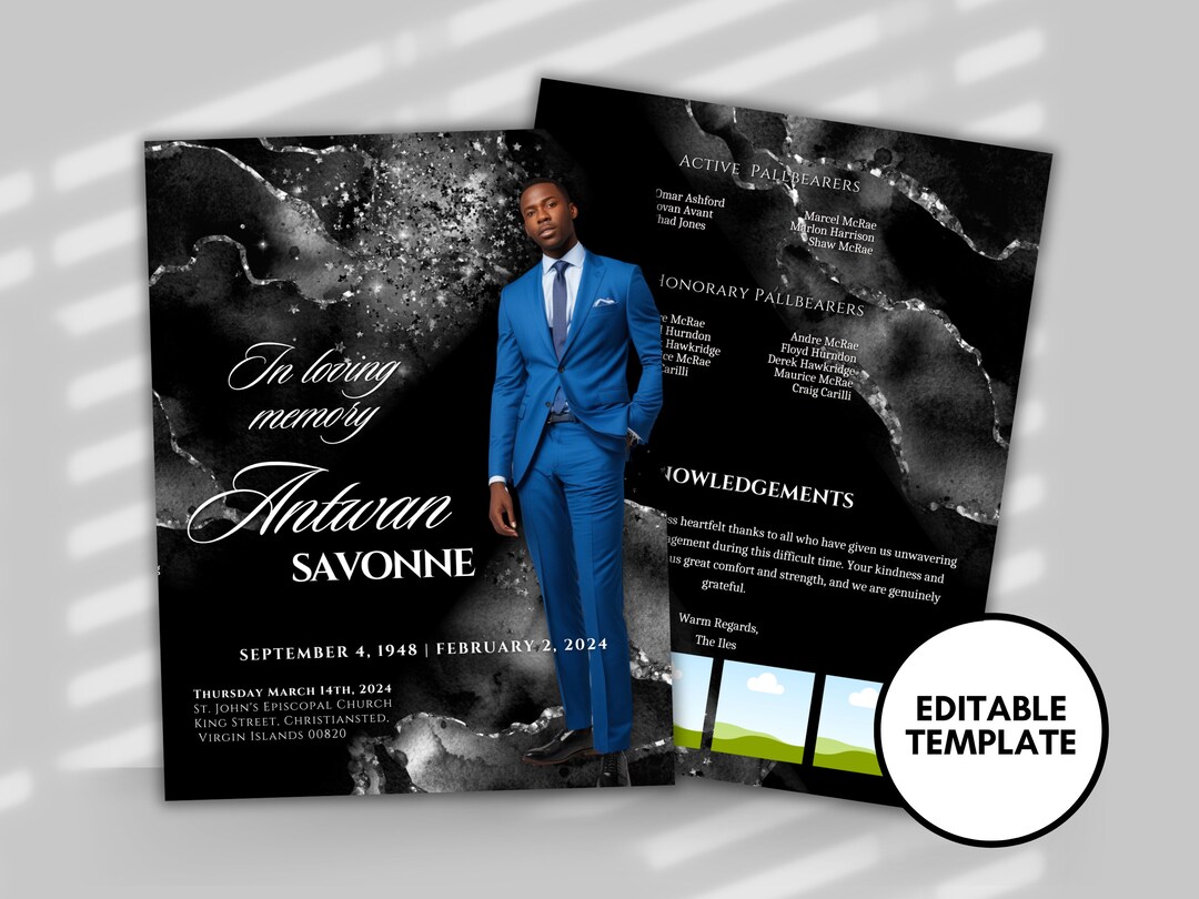 Luxury Silver Funeral Program Template: Mens Obituary Booklet (DIY ...