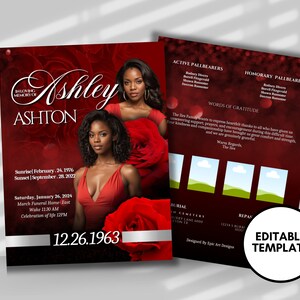 Funeral Programs 8.5x11 Editable Template 2 Page Women's Red Roses in ...