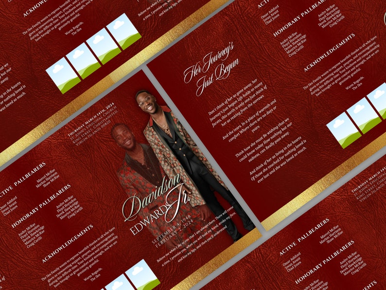 Red Vintage Funeral Program Template: Mens Trifold Brochure (17x11 ...